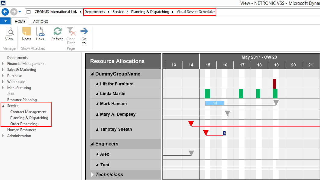Visual planning boards highlight service order scheduling with NAV