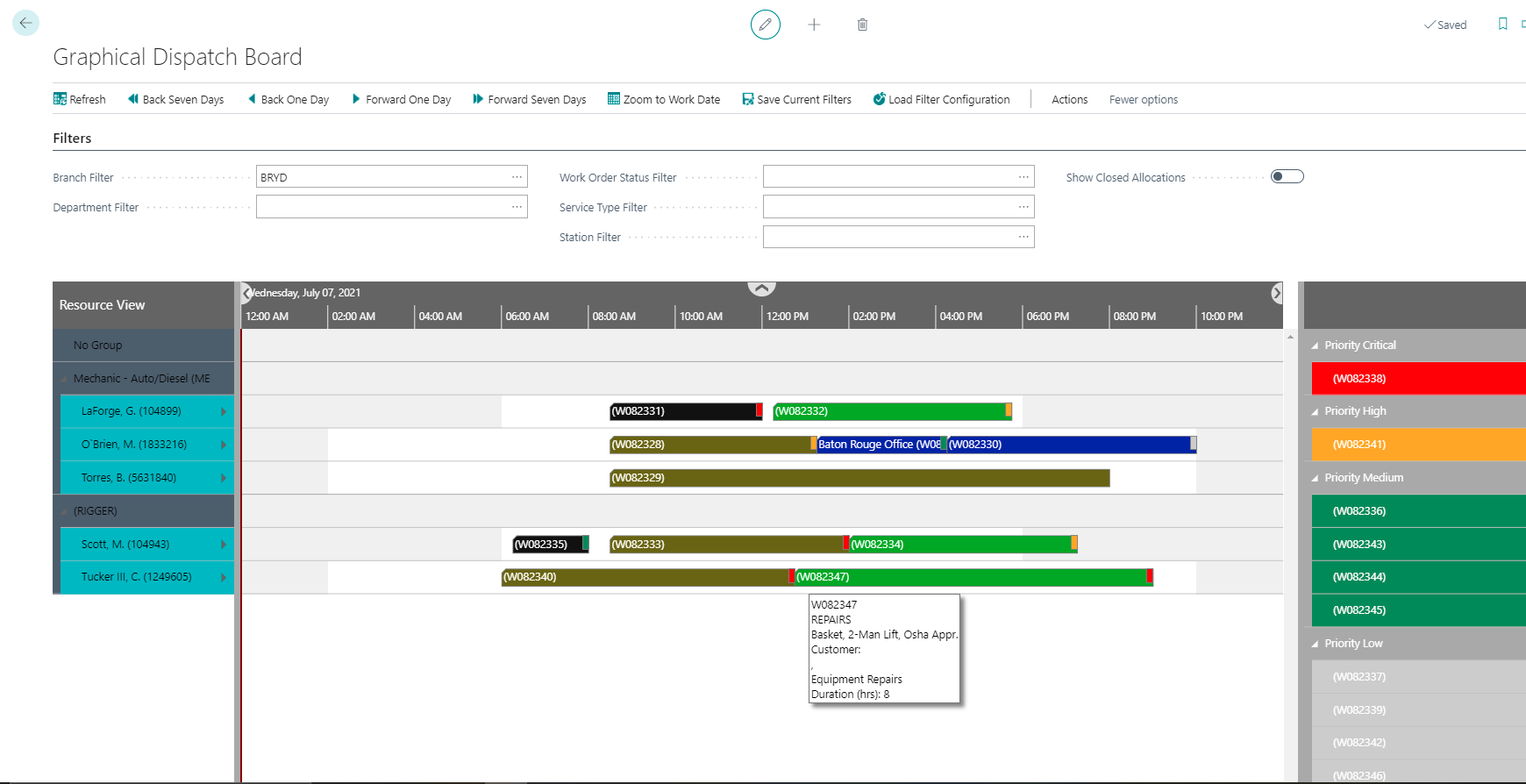 Graphical dispatch board for service planning made with NETRONIC VSADT